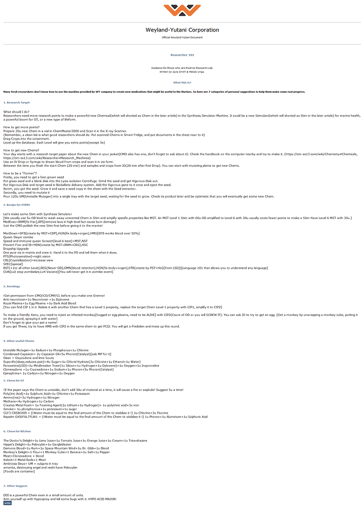 Jayla's Paperwork for Fresh Nurse and Researchers - Guides - CM-SS13 - Forums